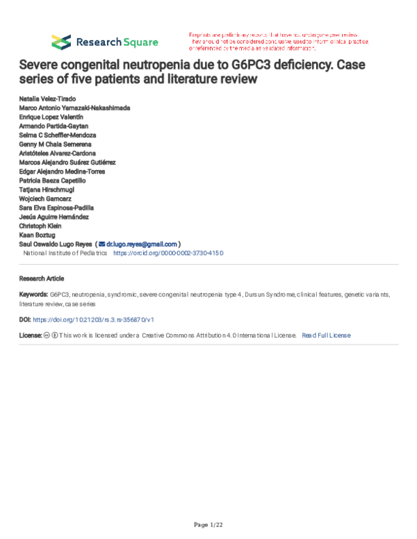 (PDF) Severe congenital neutropenia due to G6PC3 deficiency. Case ...