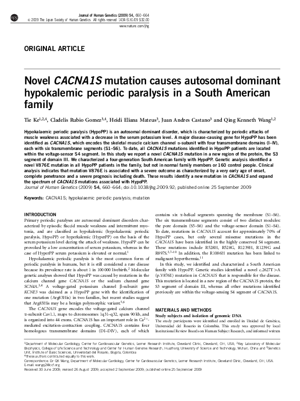 (PDF) Novel CACNA1S mutation causes autosomal dominant hypokalemic ...