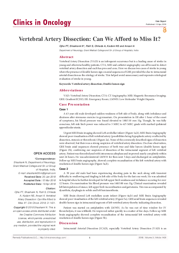(PDF) Vertebral Artery Dissection : Can We Afford to Miss It