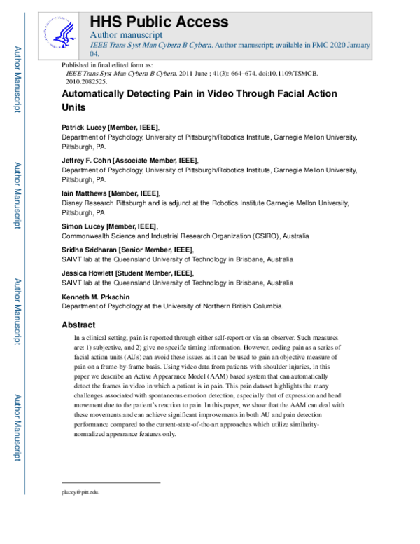 (PDF) Automatically Detecting Pain in Video Through Facial Action Units