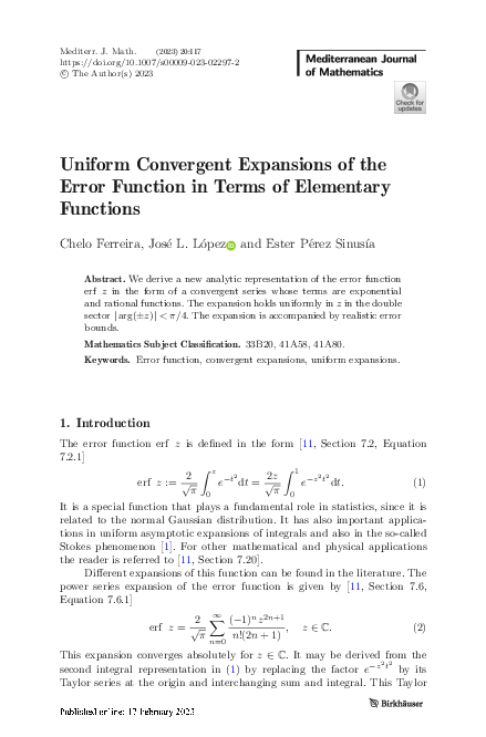 (PDF) Uniform Convergent Expansions of the Error Function in Terms of ...