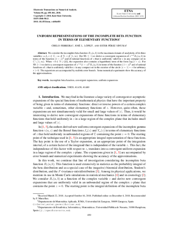 (PDF) Uniform representations of the incomplete beta function in terms of elementary functions