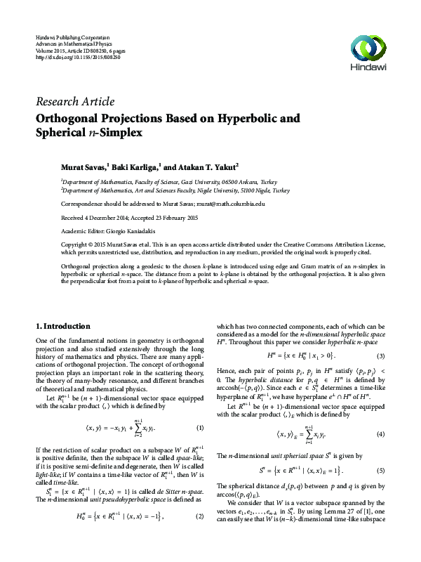 (PDF) Orthogonal Projections Based on Hyperbolic and Sphericaln-Simplex