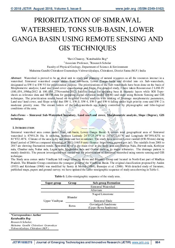 Pdf Prioritization Of Simrawal Watershed Tons Sub Basin Lower Ganga
