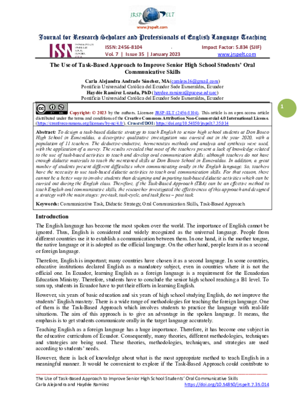(PDF) The Use of Task-Based Approach to Improve Senior High School Students' Oral Communicative ...
