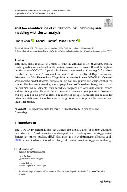 (PDF) Post hoc identification of student groups: Combining user modeling with cluster analysis
