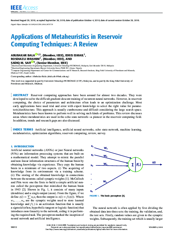 (PDF) Applications of Metaheuristics in Reservoir Computing Techniques: A Review | Abubakar Bala ...