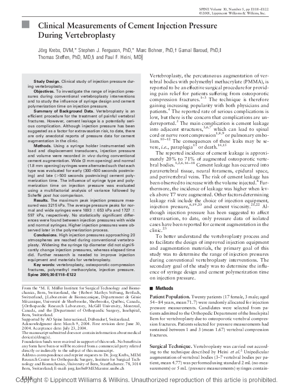 (PDF) Clinical Measurements of Cement Injection Pressure During ...