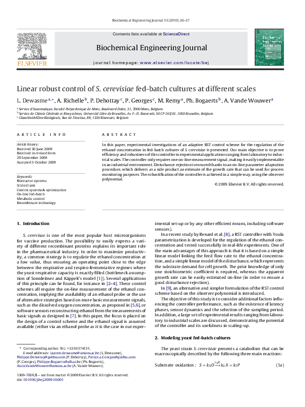 (PDF) Linear robust control of S. cerevisiae fed-batch cultures at different scales | Anne ...