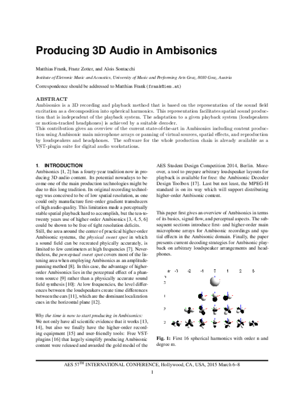 (PDF) Producing 3D Audio in Ambisonics