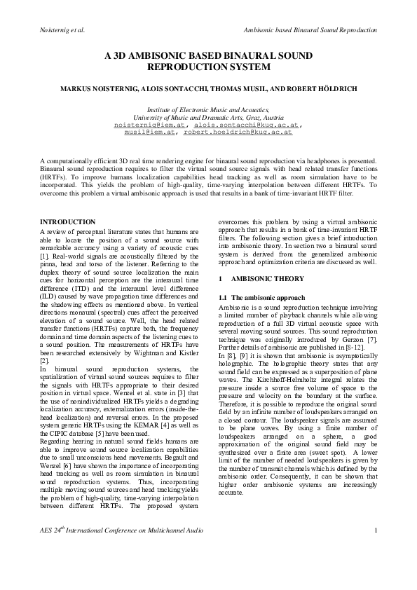 (PDF) A 3D Ambisonic Based Binaural Sound Reproduction System