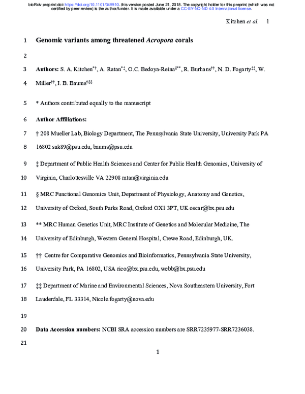 (PDF) Genomic variants among threatened Acropora corals | Nicole ...