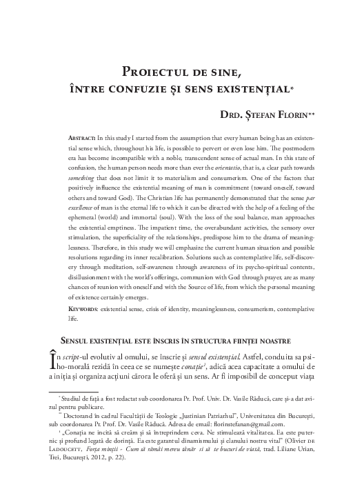 (PDF) Proiectul de sine, între confuzie și sens existențial