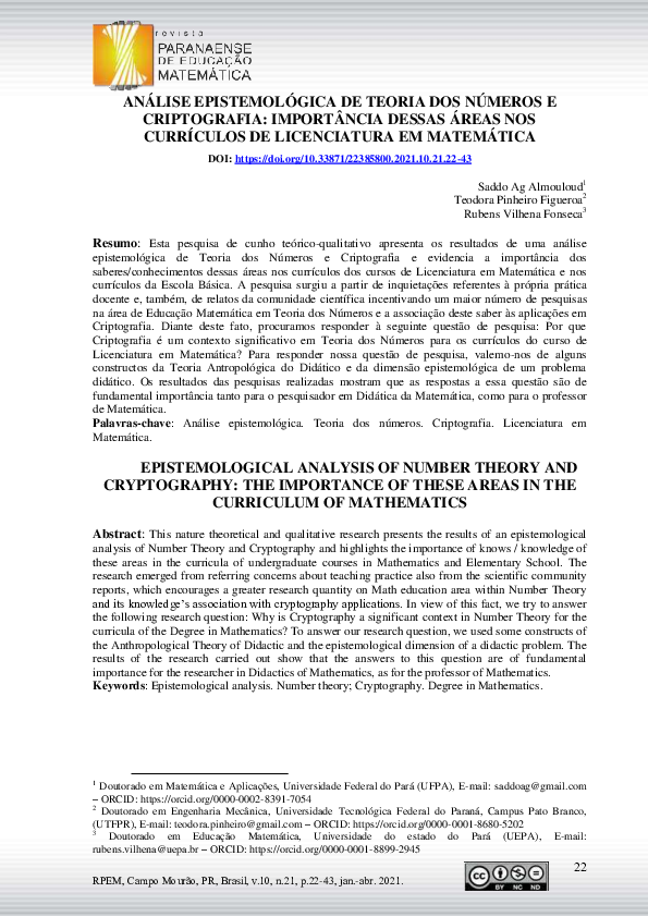 (PDF) Análise Epistemológica De Teoria Dos Números e Criptografia: Importância Dessas Áreas Nos ...