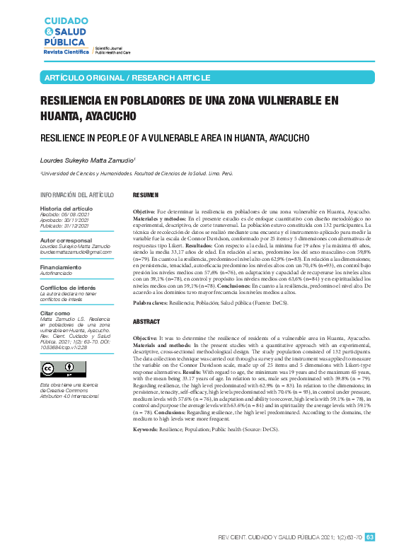 (PDF) Resiliencia en pobladores de una zona vulnerable en Huanta, Ayacucho
