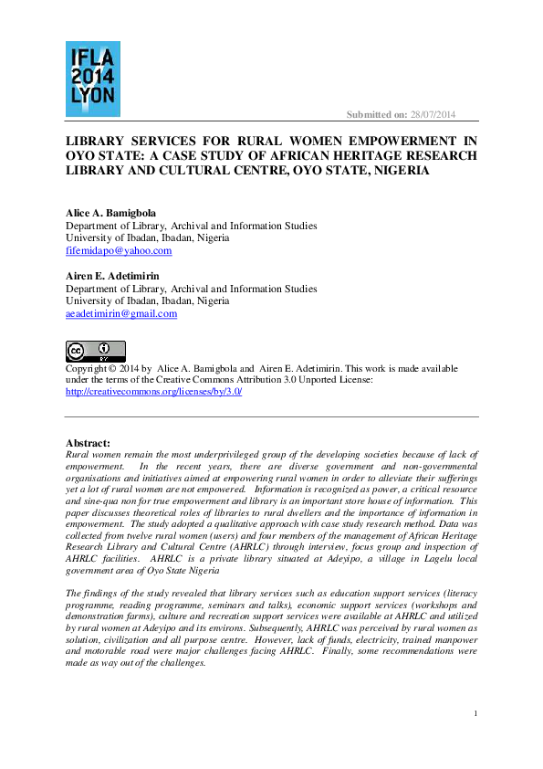 (PDF) Library services for rural women empowerment in Oyo State: a case ...