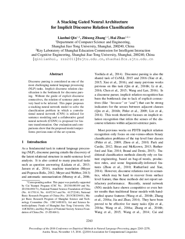 Pdf A Stacking Gated Neural Architecture For Implicit Discourse Relation Classification