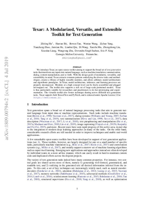 (PDF) Texar: A Modularized, Versatile, and Extensible Toolkit for Text Generation