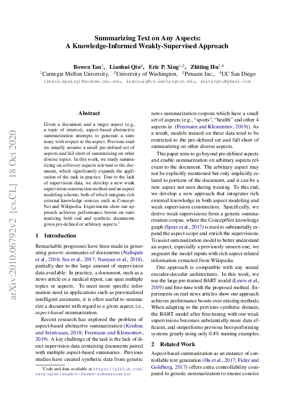 (PDF) Summarizing Text on Any Aspects: A Knowledge-Informed Weakly-Supervised Approach | Lianhui ...