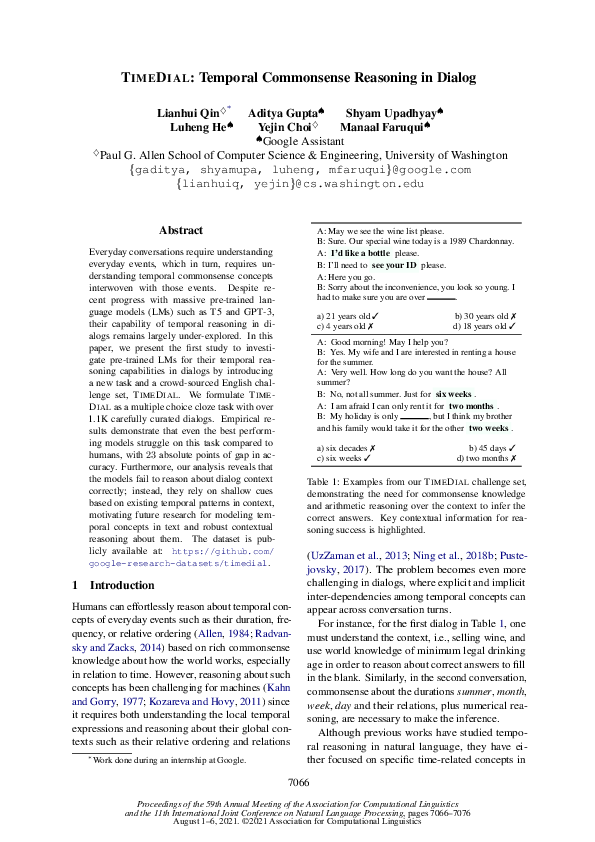 (PDF) TIMEDIAL: Temporal Commonsense Reasoning in Dialog | Lianhui Qin - Academia.edu