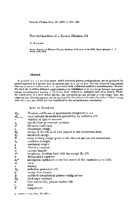 (PDF) Recombination of a Xenon Plasma Jet