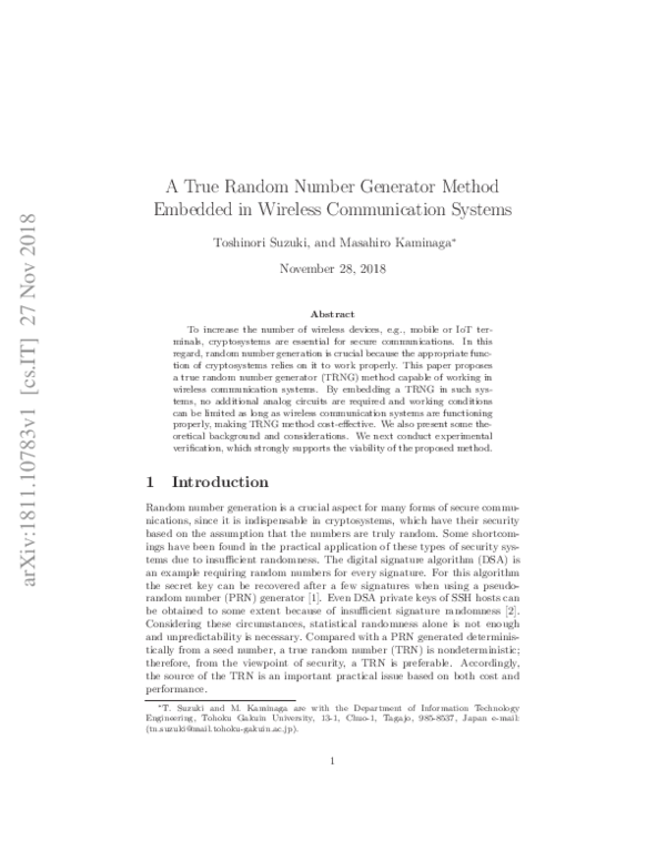 (PDF) A True Random Number Generator Method Embedded in Wireless Communication Systems