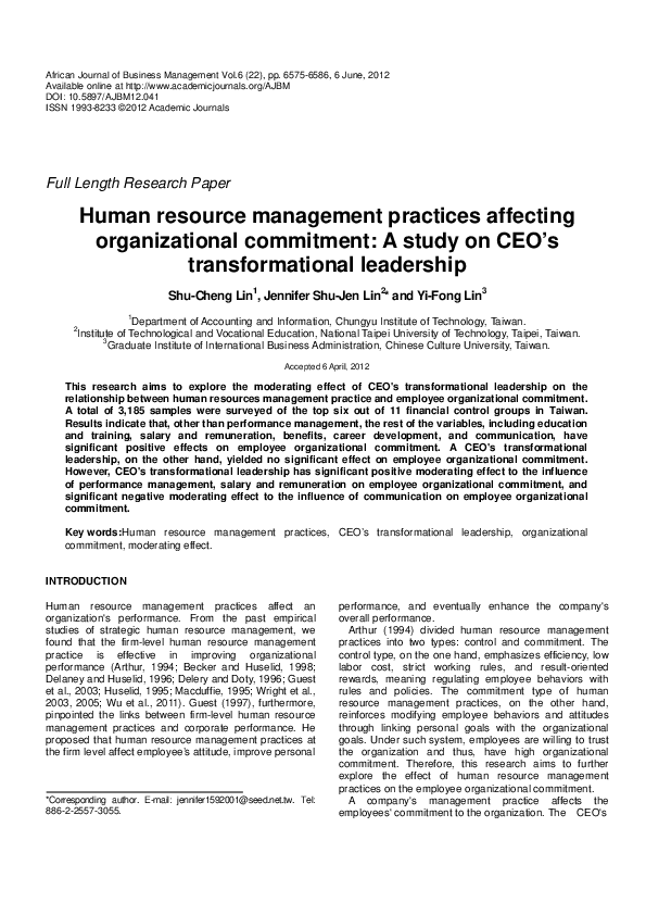 (PDF) Human resource management practices affecting organizational commitment: A study on CEO’s ...