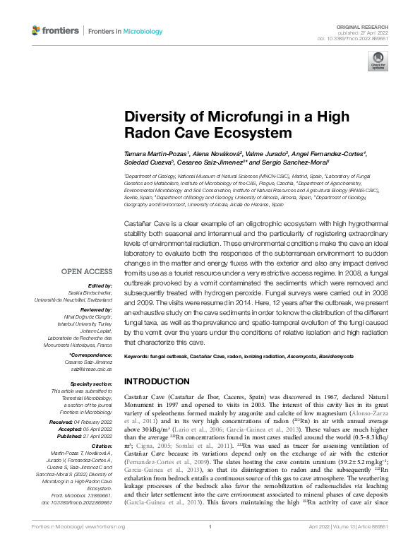 (PDF) Diversity of Microfungi in a High Radon Cave Ecosystem