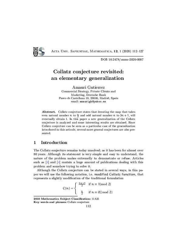(PDF) Collatz conjecture revisited: an elementary generalization