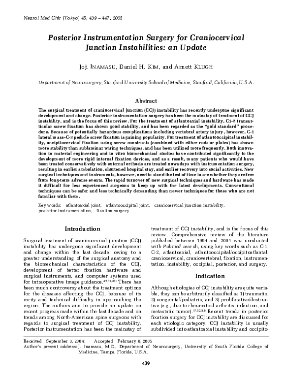 (PDF) Posterior Instrumentation Surgery for Craniocervical Junction Instabilities: an Update ...