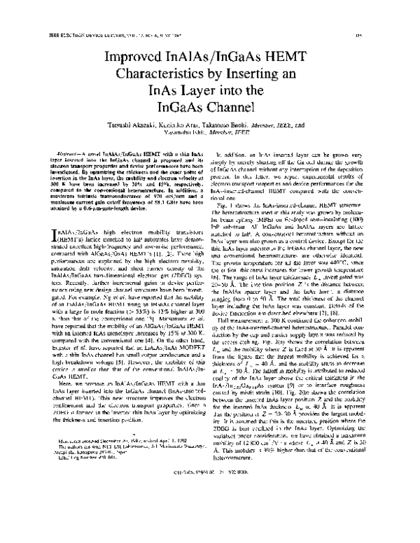 (PDF) Improved InAlAs/InGaAs HEMT characteristics by inserting an InAs layer into the InGaAs channel
