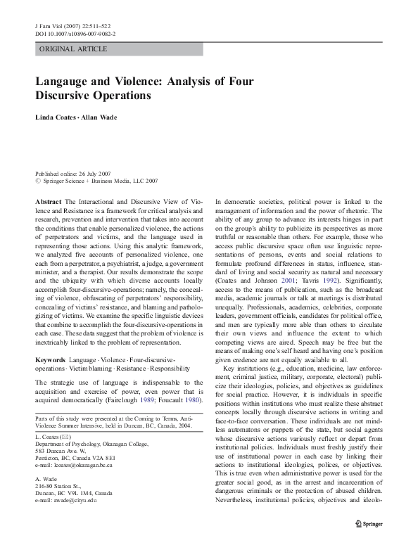 (PDF) Langauge and Violence: Analysis of Four Discursive Operations