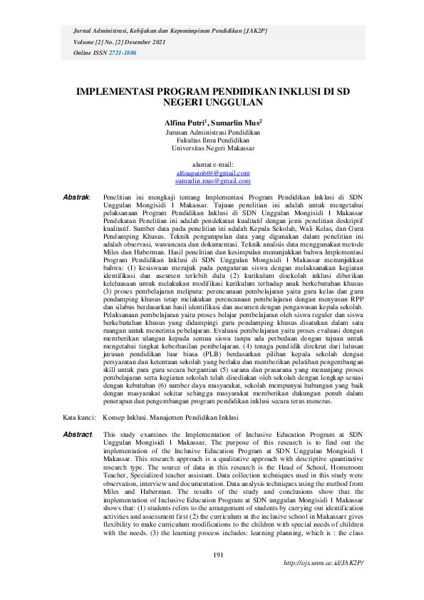 (PDF) Implementasi Program Pendidikan Inklusi DI SD Negeri Unggulan