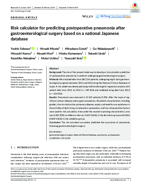 (PDF) Risk calculator for predicting postoperative pneumonia after ...
