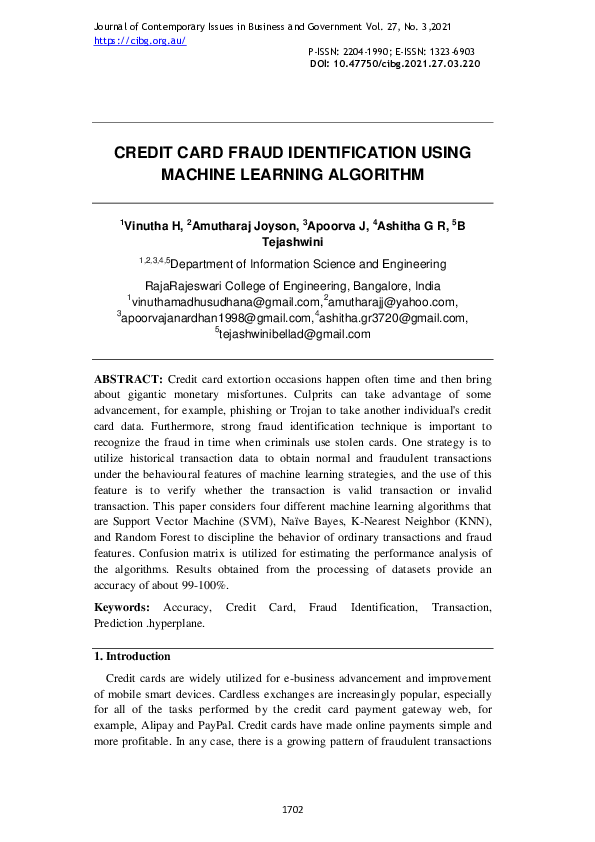 Credit Card Fraud Identification Using Machine Learning Algorithm