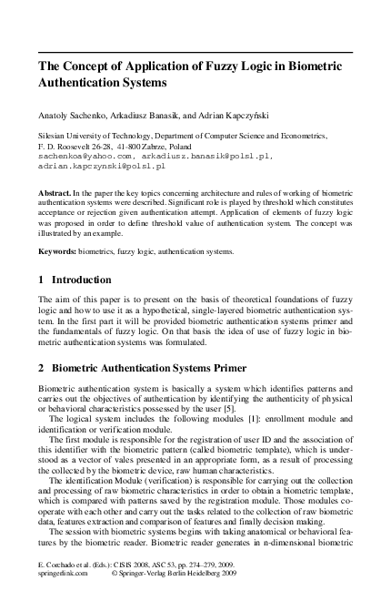 Pdf The Concept Of Application Of Fuzzy Logic In Biometric Authentication Systems