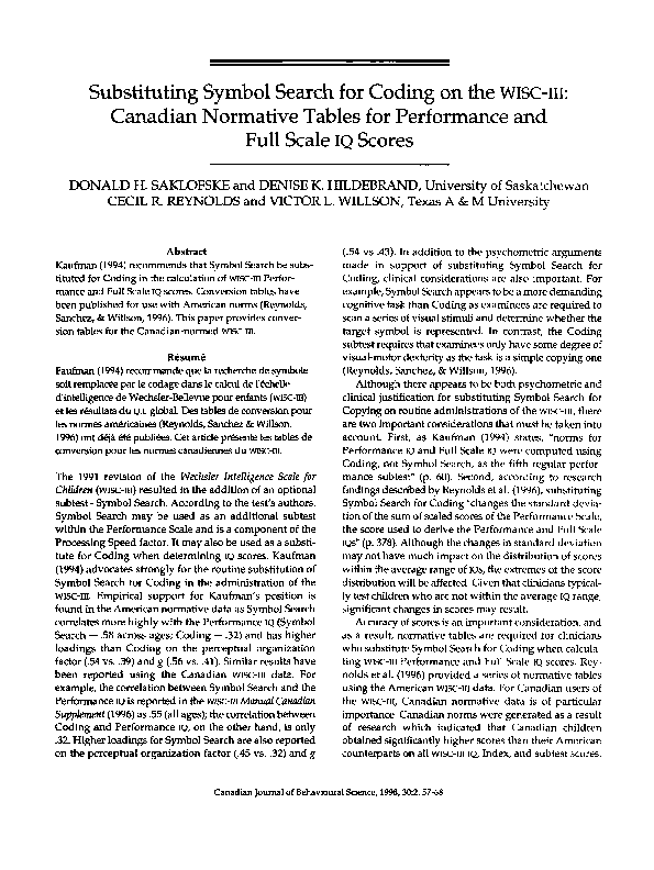 (PDF) Substituting Symbol Search for Coding on the WISC-III: Canadian ...