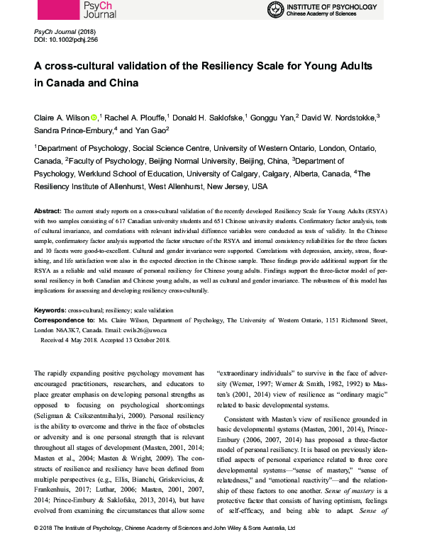 (PDF) A cross‐cultural validation of the Resiliency Scale for Young ...