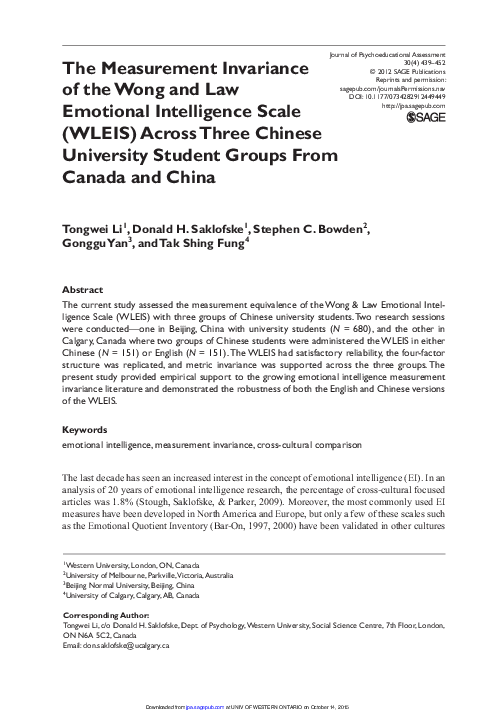 (PDF) The Measurement Invariance of the Wong and Law Emotional ...