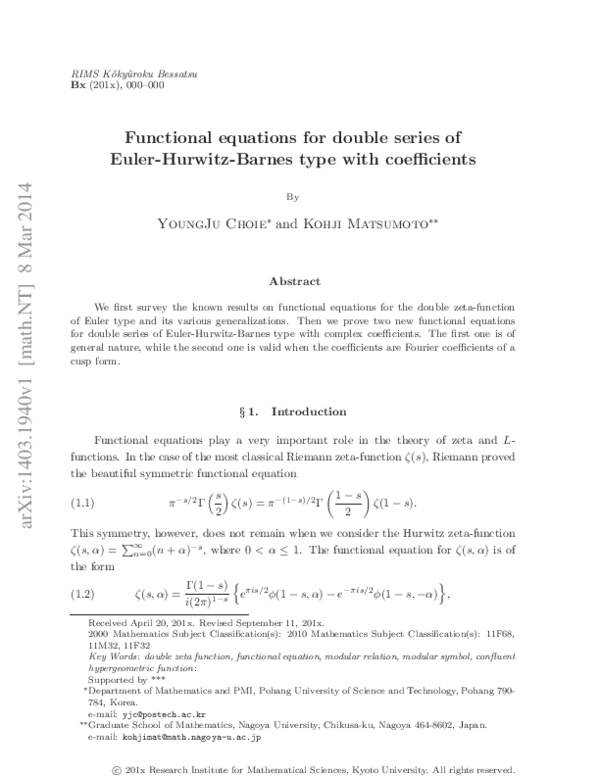 (PDF) Functional Equations for Double Series