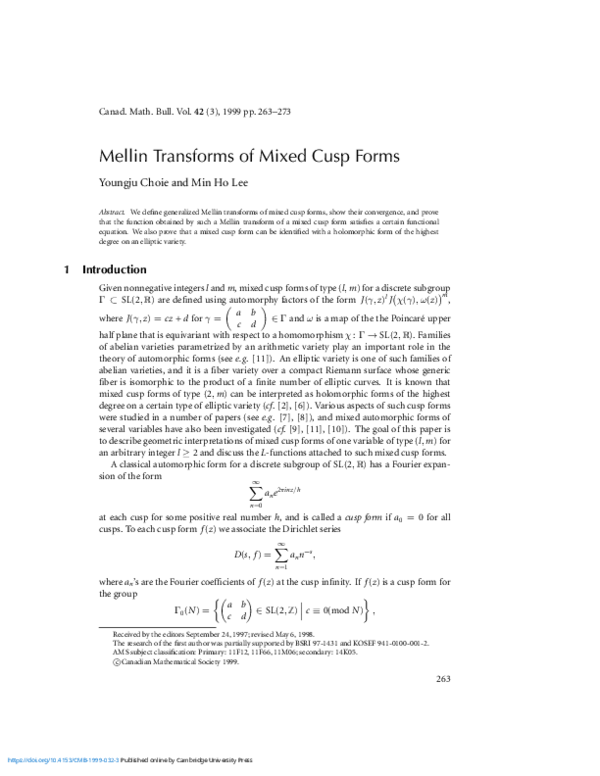 (PDF) Mellin Transforms of Mixed Cusp Forms