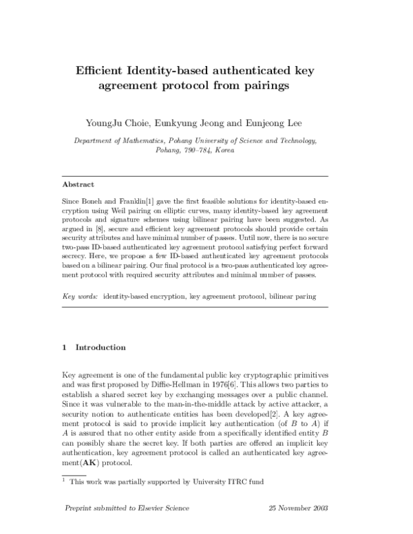 Pdf Efficient Identity Based Authenticated Key Agreement Protocol