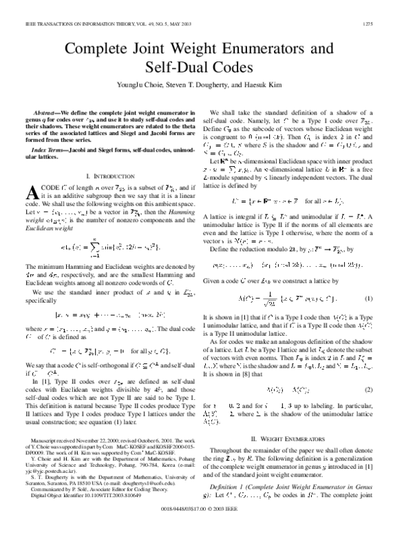 (PDF) Complete joint weight enumerators and self-dual codes