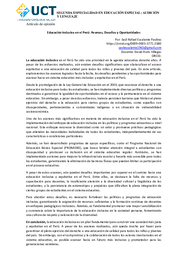 (PDF) Artículo de opinión Educación Inclusiva en el Perú: Avances ...