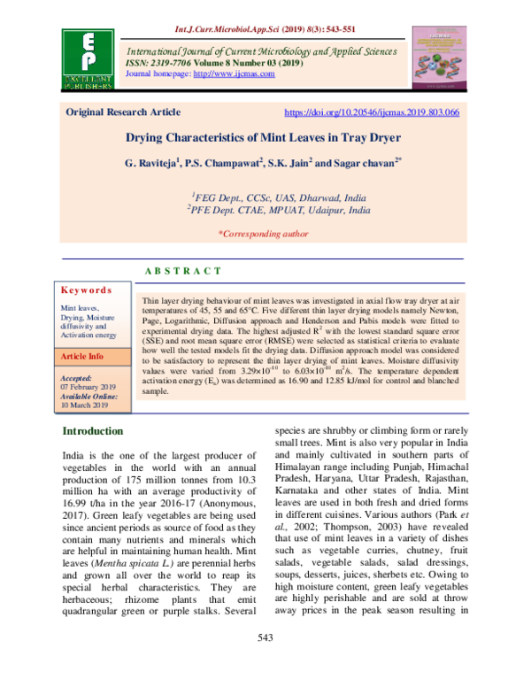 (PDF) Drying Characteristics of Mint Leaves in Tray Dryer
