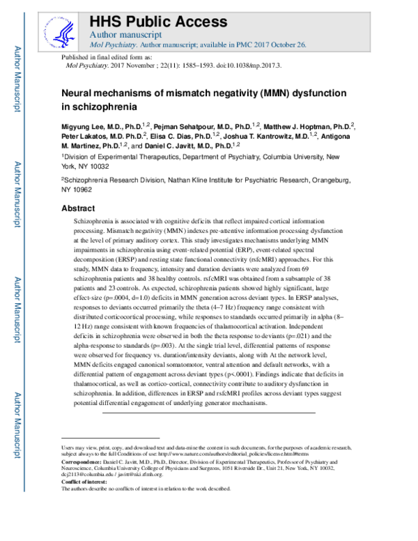 (PDF) Mismatch Negativity Dysfunction in Schizophrenia: Neural Mechanisms