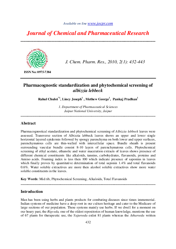 (PDF) Pharmacognostic standardization and phytochemical screening of Albizzia lebbeck