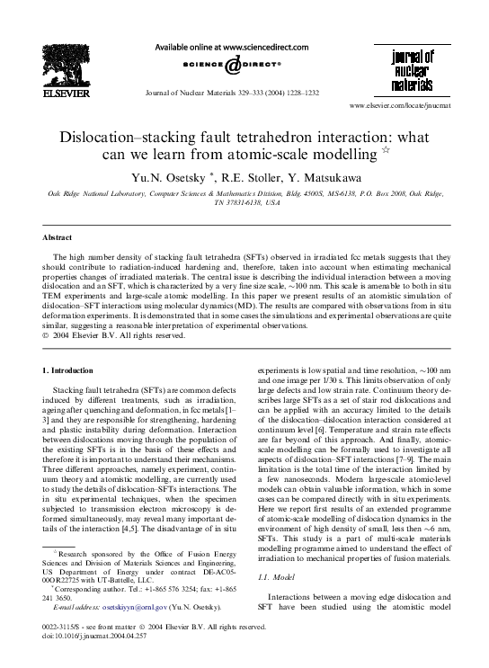 (PDF) Dislocation–stacking fault tetrahedron interaction: what can we ...