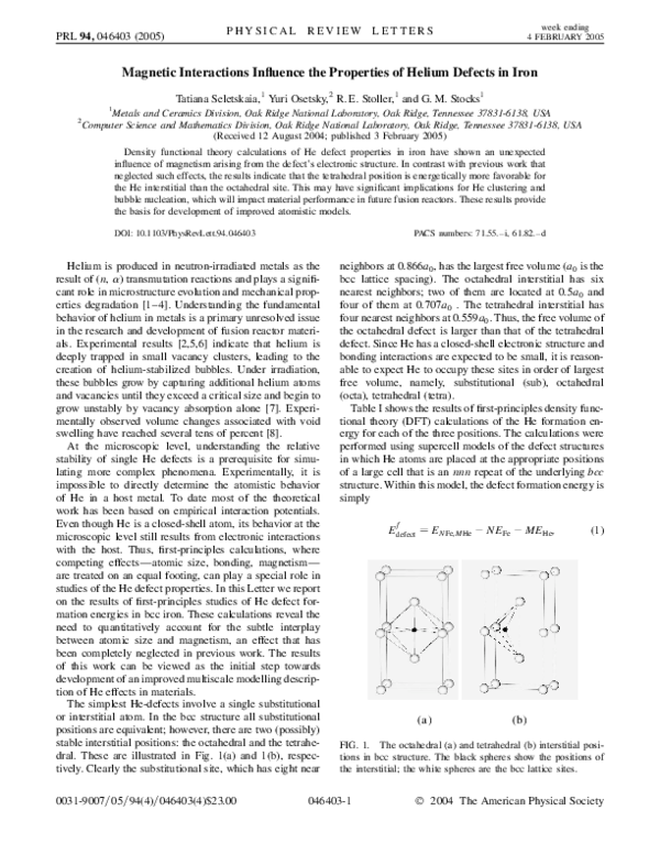 (PDF) Magnetic Interactions Influence the Properties of Helium Defects ...