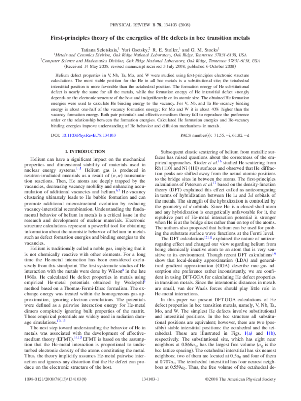 (PDF) First-principles theory of the energetics of He defects in bcc transition metals